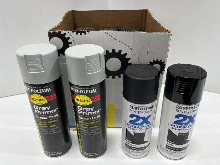 Rustoleum spray paint, (2) Gray primer, (8) Gloss paint black, (1) Semi ...
