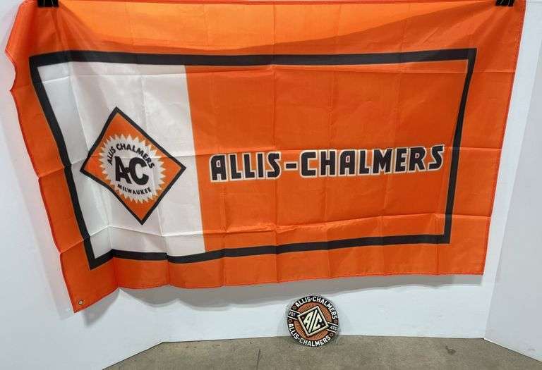 "Allis Chalmers" flag, 3' x 5', NIP; Allis Chalmers metal sign, 8" x 8 ...