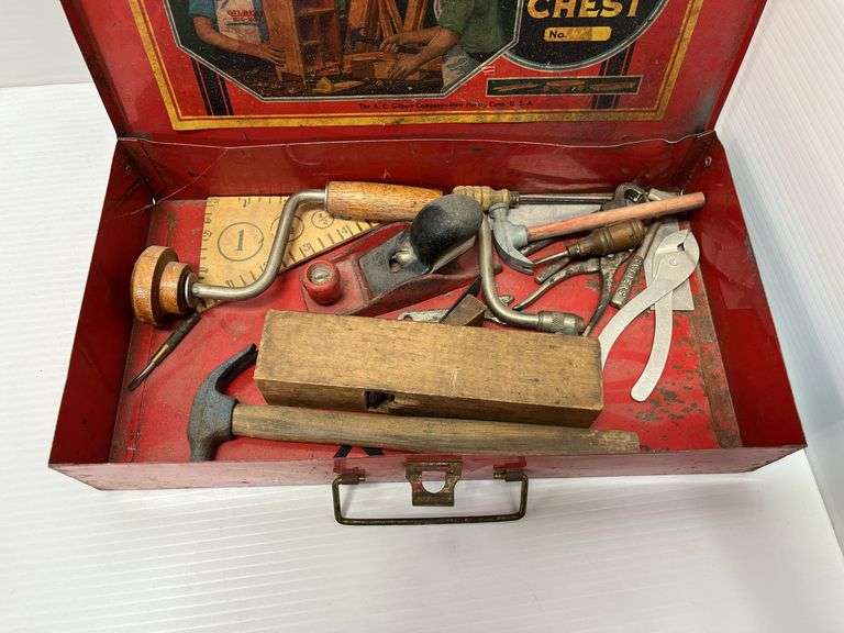 Gilbert tool chest, midge lab chemical kit, and old metal lock box, up ...