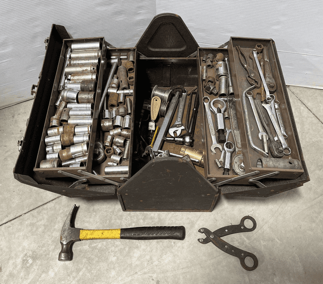 Approx. 40-50 lbs. of tools in tool box, old and antique, 4-slide out ...