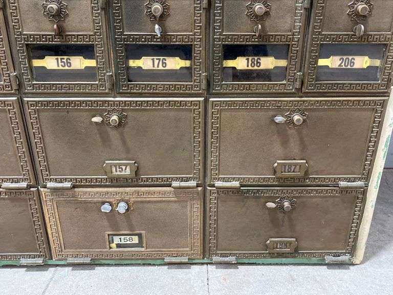 1958 U.S. Post Office Cabinet, oak case, 90 mailboxes with bronze doors ...