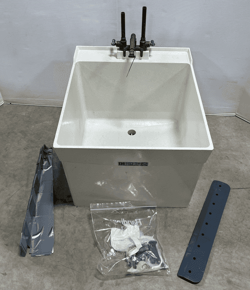 Laundry tub/sink with wall-mount bracket, and legs, brass top-mount ...