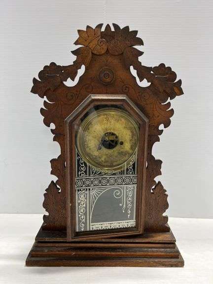 Victorian wooden clock case with carved detail and original etched ...