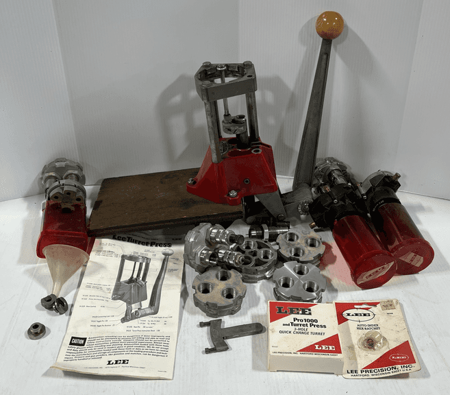Lee 3-Hole Turret Press, with (7) total die holders, (3) Powder drops ...