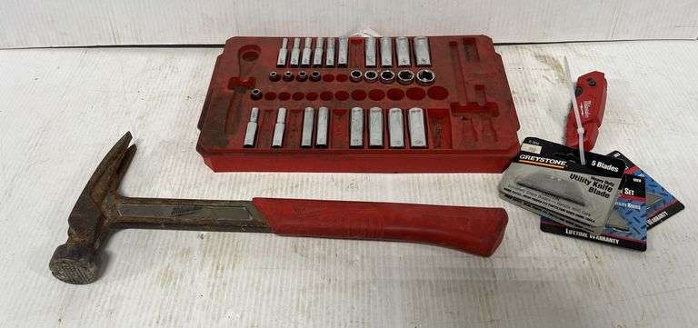 Milwaukee tools, include: Hammer, foldable razor knife, socket set, (5 ...