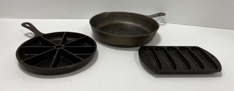 (3) Pieces of cast iron, include: Lodge 5-piece cornbread pan, marked ...