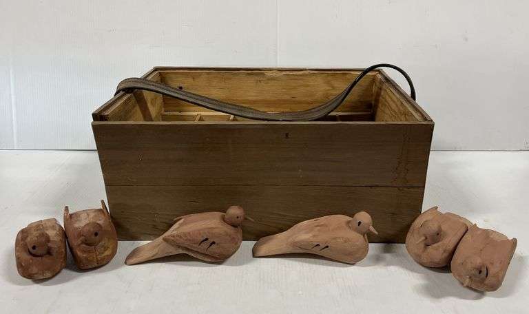 (6) Old hand carved wooden dove decoys, in wood carrying box, 18"W ...
