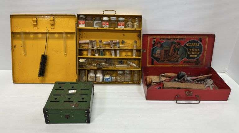 Gilbert tool chest, midge lab chemical kit, and old metal lock box, up ...