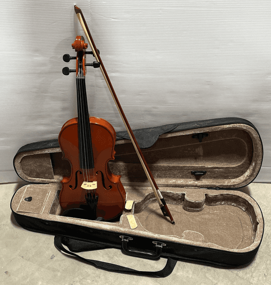 Violin with bow and soft shelled case, 31"L, unknown if ever played ...