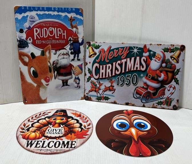 (2) Thanksgiving metal signs, 8" x 8", NIP; Rudolph sign, 8" x 12", new ...