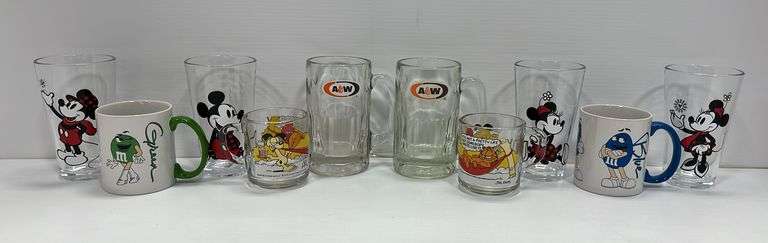 (2) A&W heavy root beer mugs; (2) Glass Mickey Mouse cups, 5 3/4"H; (2 ...