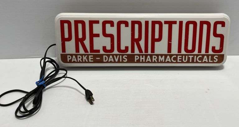 1950s Parke-Davis Pharmacy advertising sign, lighted metal backing with ...