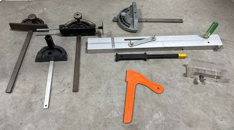 Table saw accessories, include: (4) Miter guides, bevel gauge push ...