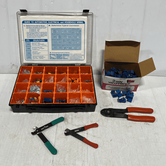 Electric repair kit, 3-way connectors, and 3-pairs of electrical pliers ...
