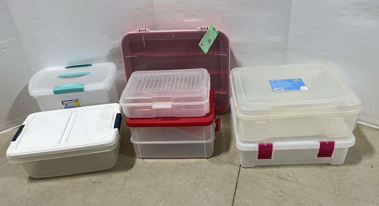 (7) Clear storage totes with lids, different sizes, up to 17"W, great ...