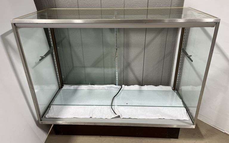 Open front glass showcase with two shelves, 48"W x 21"D x 39"H ...