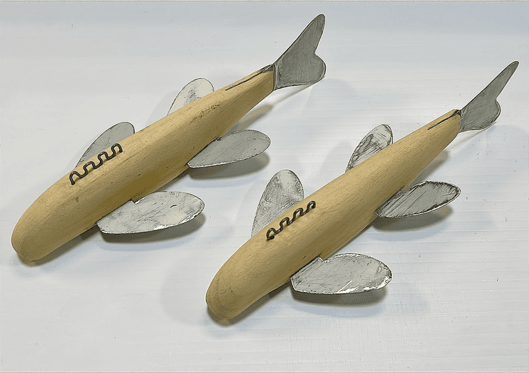 (2) Unfinished wood spearing fish decoy, lead in bottom, 7"L - Albrecht ...