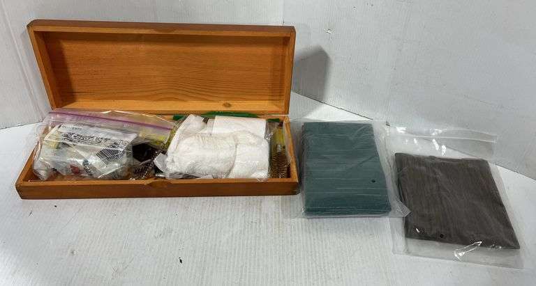 Old gun cleaning kit, comes in older wood case plus silicon cloth gun ...