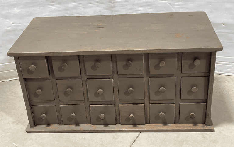 Primitive cubby cabinet, distressed gray paint, 18-drawers, 24"W x 1 1/ ...