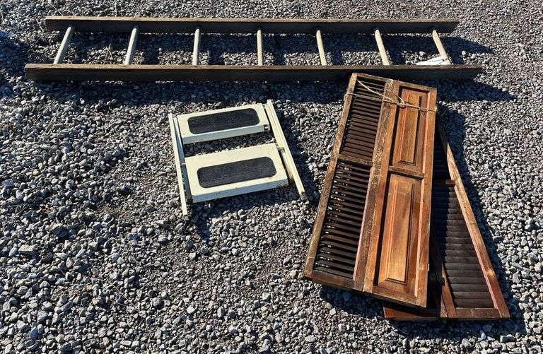 Wood ladder, 6' 1/2"H; Metal folding step stool; (2) Wood folding ...