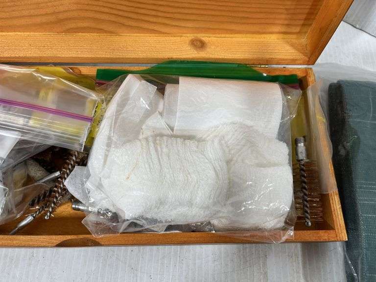 Old gun cleaning kit, comes in older wood case plus silicon cloth gun ...