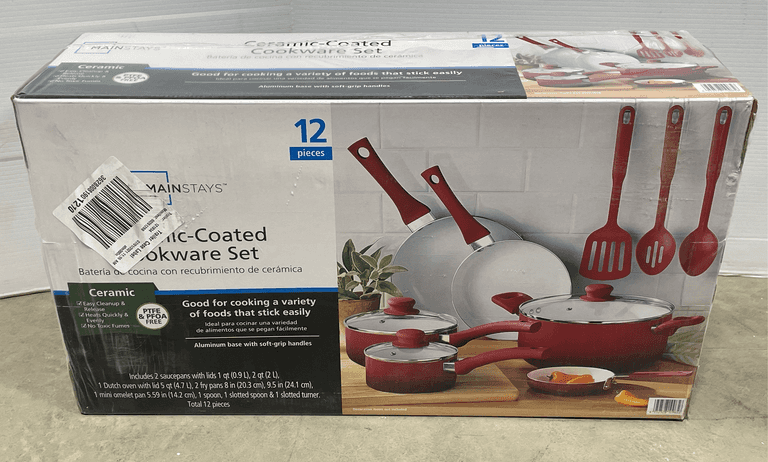 Mainstays 12-piece ceramic coated cookware set, red in color, NIB ...