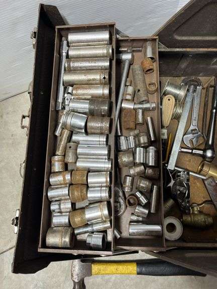 Approx. 40-50 lbs. of tools in tool box, old and antique, 4-slide out ...