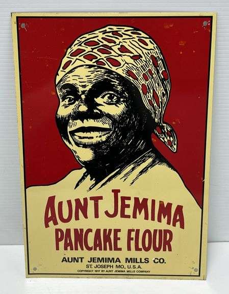 Aunt Jemima pancake flour heavy tin sign, 13" x 9", repop, shows wear ...