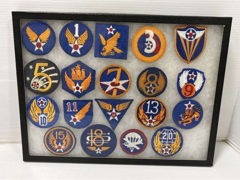 Collection of Air Force patches, up to 3"Dia, in 16" x 12" display case ...