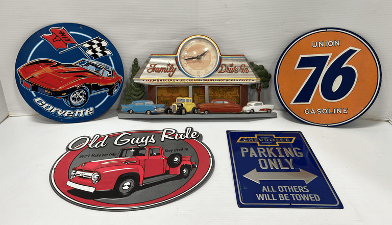 Metal signs, includes: Old Guys Rule, Union 76, Chevrolet Parking Only ...