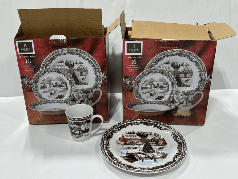 32-Piece set Gibson Christmas Toile porcelain dinnerware set, plates ...