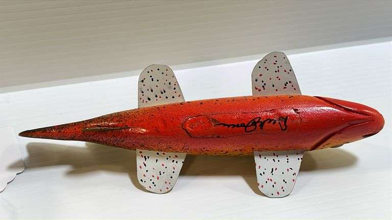 Pike decoy, hand carved by Dick Jones, painted wood with metal fins ...