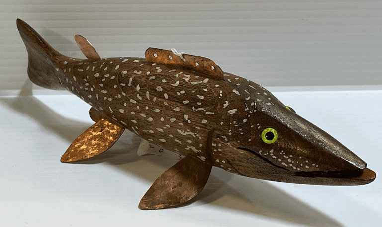 Pike decoy, walnut wood, hand carved, copper fins, scale pattern ...