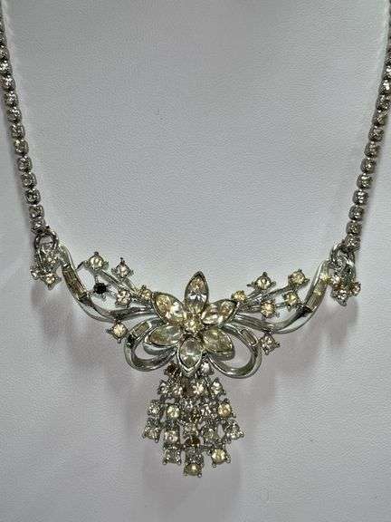 Older rhinestone necklace in case, 18"L, nice; Except where ...