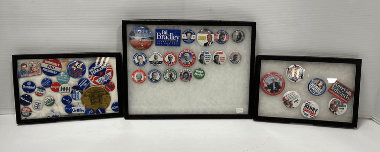 (3) Cases of vintage political pins, includes: Kerry/Edwards, Dan ...