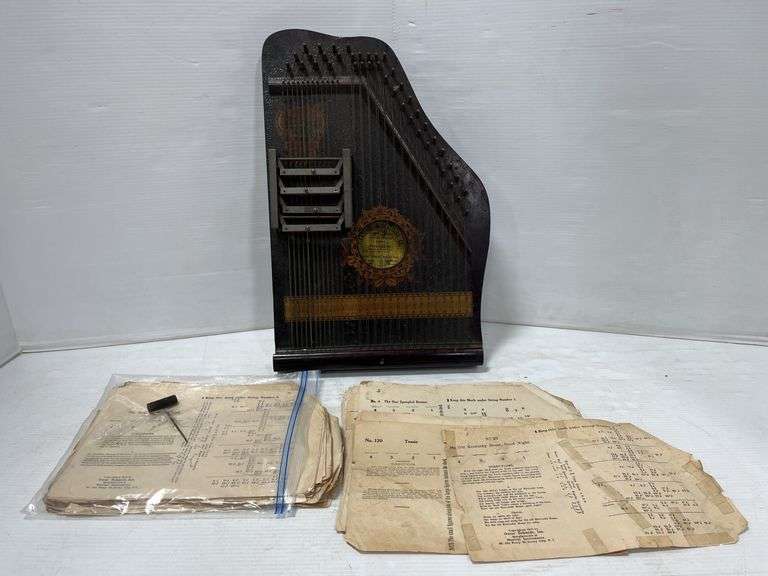 Old Pianoette musical instrument and music sheets, 20"H - Albrecht ...