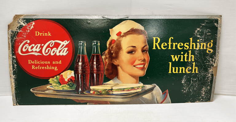 1940 Coca-Cola cardboard sign, "Refreshing with Lunch", 31 1/2" x 14" - Albrecht Auction Service