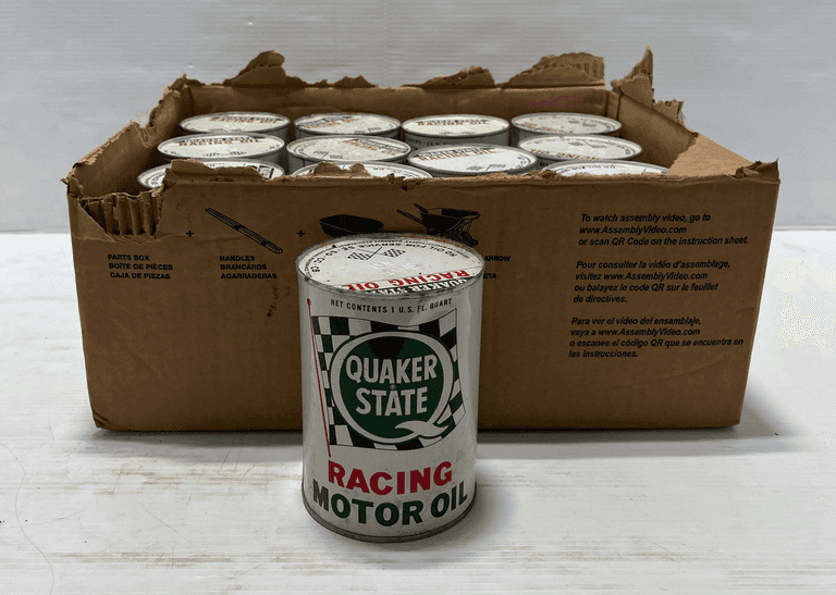 (12) Old metal Quaker State racing oil cans, some dents, all full ...