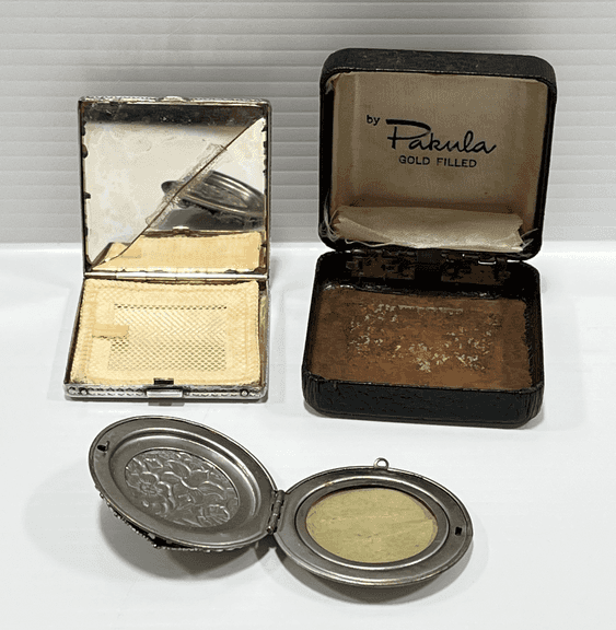 (2) Mid-century silver compacts, include: 2"Dia compact with intricate ...