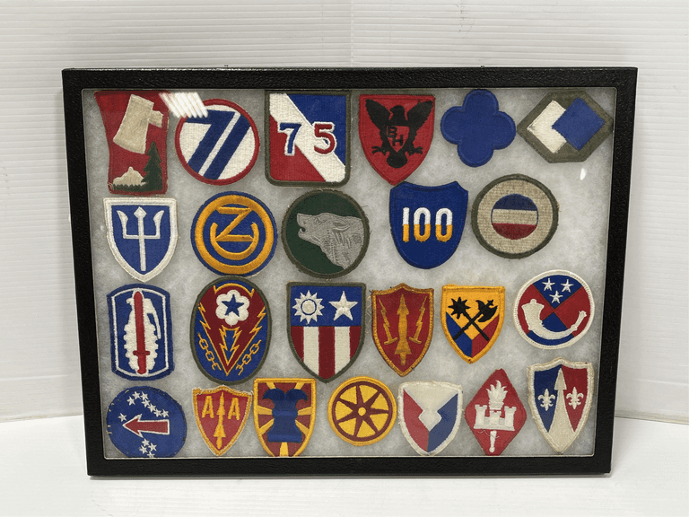 Collection of WWII era Army patches, up to 2 1/2" x 3 1/4", in 16" x 12 ...