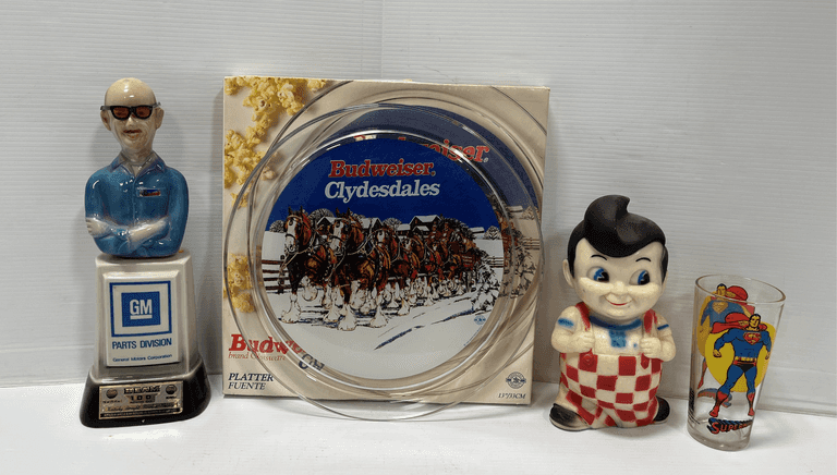 Budweiser plater, NOS; Old Busch case; Jim Beam, Mr. Goodwrench ...