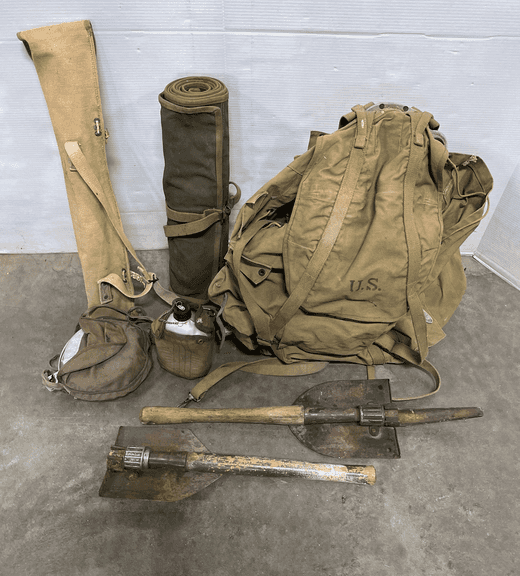 Old Military backpack, (2) Folding shovels, US Army flag kit, and ...
