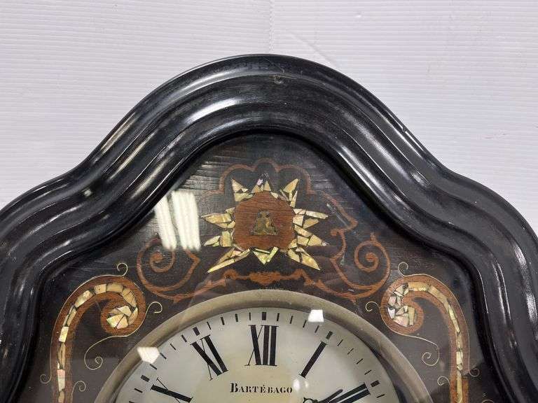 French Bakers Clock, with ornate inlaid mother of pearl and wood design ...