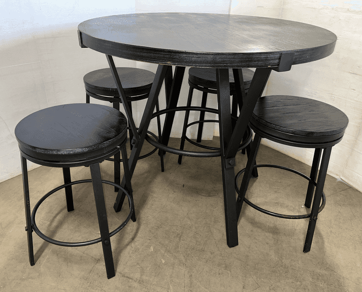 Black and steel pub table with (4) matching swivel stools, 42"Dia x 36 ...