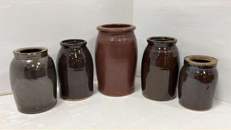 (5) Brown Crocks, up to 9 1/2"H - Albrecht Auction Service