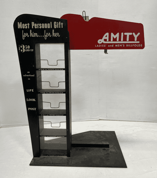 Amity billfold display, 20"W x 24"H, good - Albrecht Auction Service