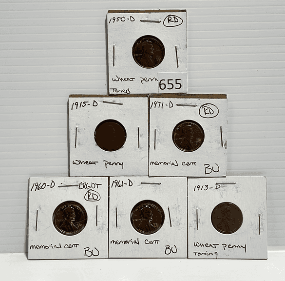 (6) Pennies, include: 1913-D, 1915-D, 1950-D, 1960-D "Red"; 1961-D Red ...