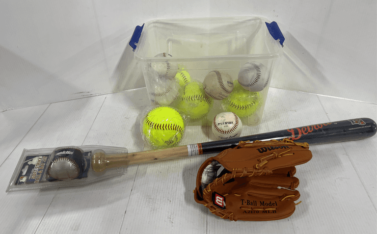 Detroit Tigers baseball bat and ball, softballs, baseballs, and a ...