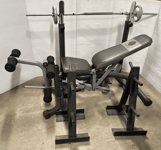 Weight bench set, 135lbs. in weights, weight rack, and extra bars ...