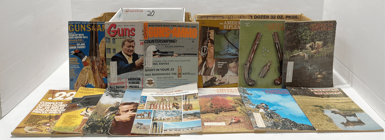 (3) Boxes of hunting books; (29) Magazines from the 1970's; (25) Guns ...